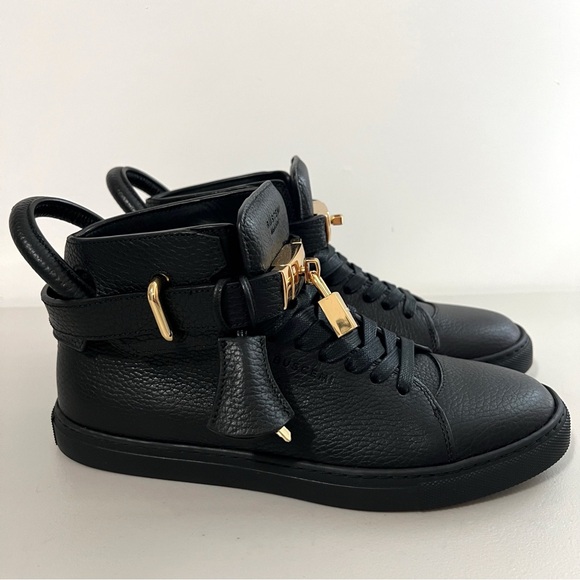 Buscemi | Shoes | New Buscemi Black Leather Hightop Sneakers Gold Lock ...